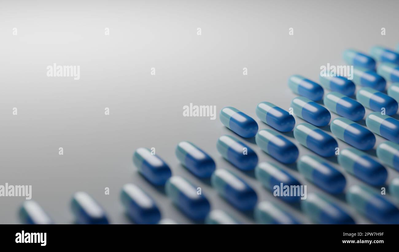 Light blue pills on white background. Pharmaceutical industry, medical ...