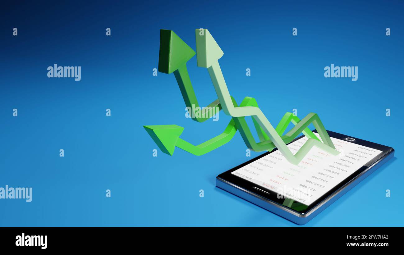Stock market gains using a mobile device. Green arrows rising from a ...