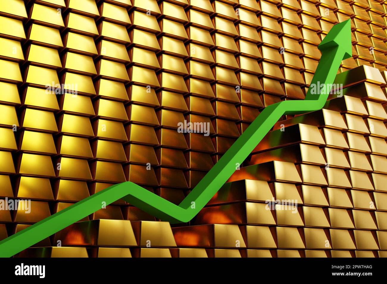 Gold prices soaring in a bullish market. Green arrow going up over gold ...