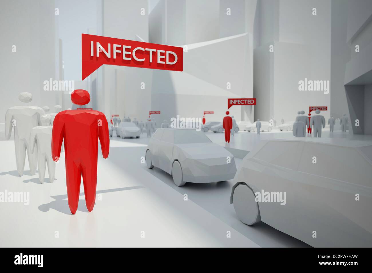 Infected person in a public space in the city. Digital 3D render ...