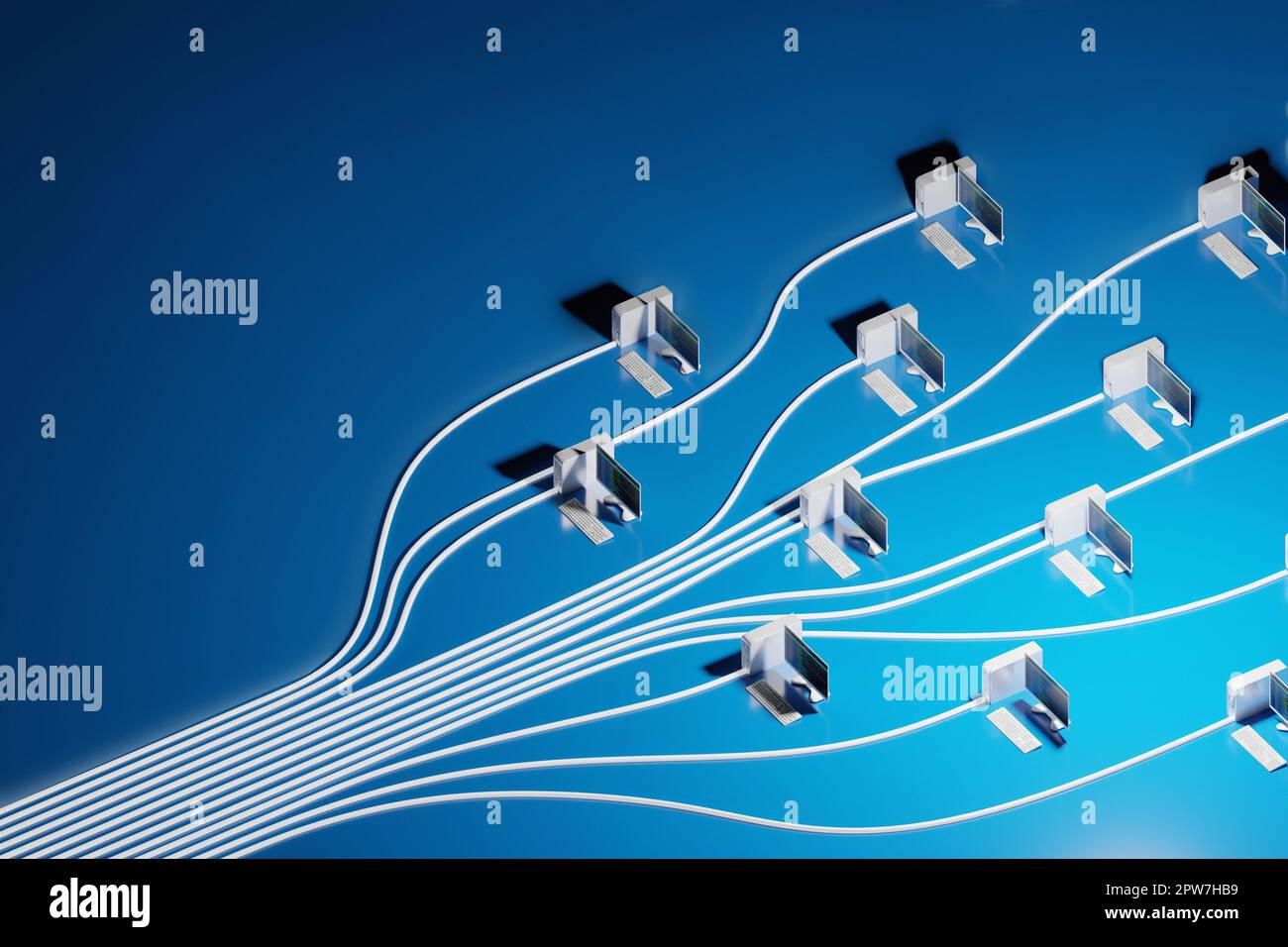 Cloud computing, network infrastructure concept on blue background with negative space. Digital ...