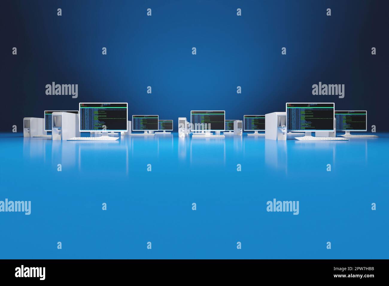 Network workstations on blue background. Digital 3D render concept ...
