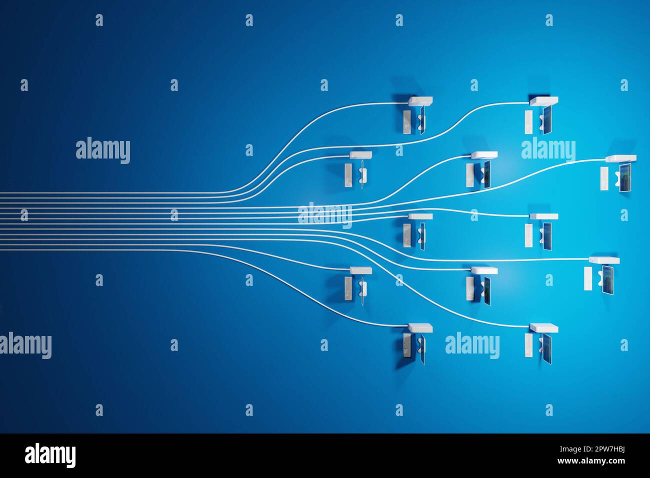 Cloud computing, network infrastructure concept on blue background with negative space. Digital ...