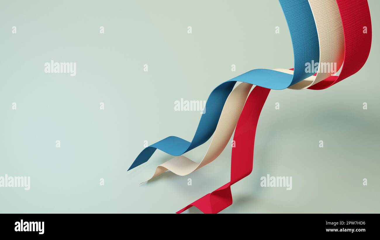 Blue, white and red wavy ribbons on light blue background. Abstract 3D ...