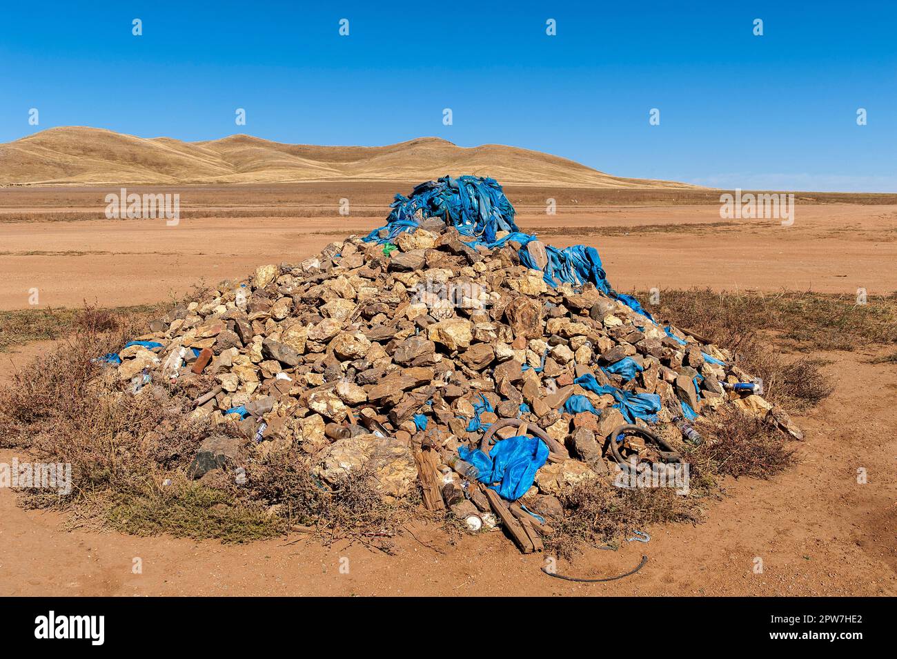 A so-called "Owoo", an artificially created pile with stones, which is ...