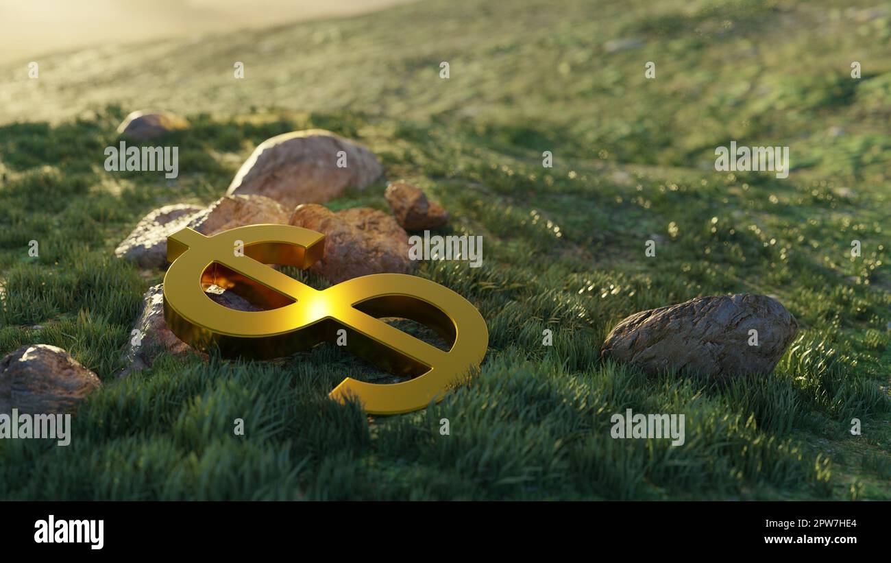 Golden dollar sign half buried, as if it were a treasure. Digital 3D ...