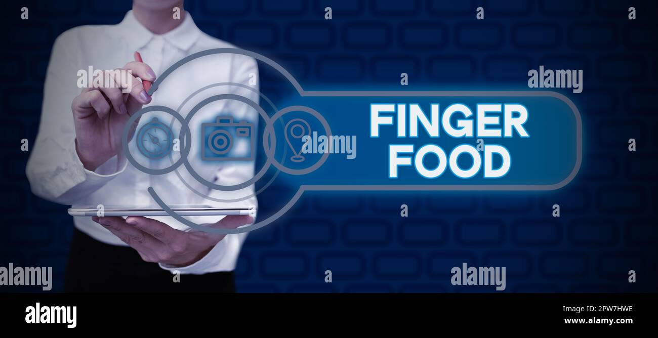 Sign displaying Finger Food, Business overview products and digestives ...