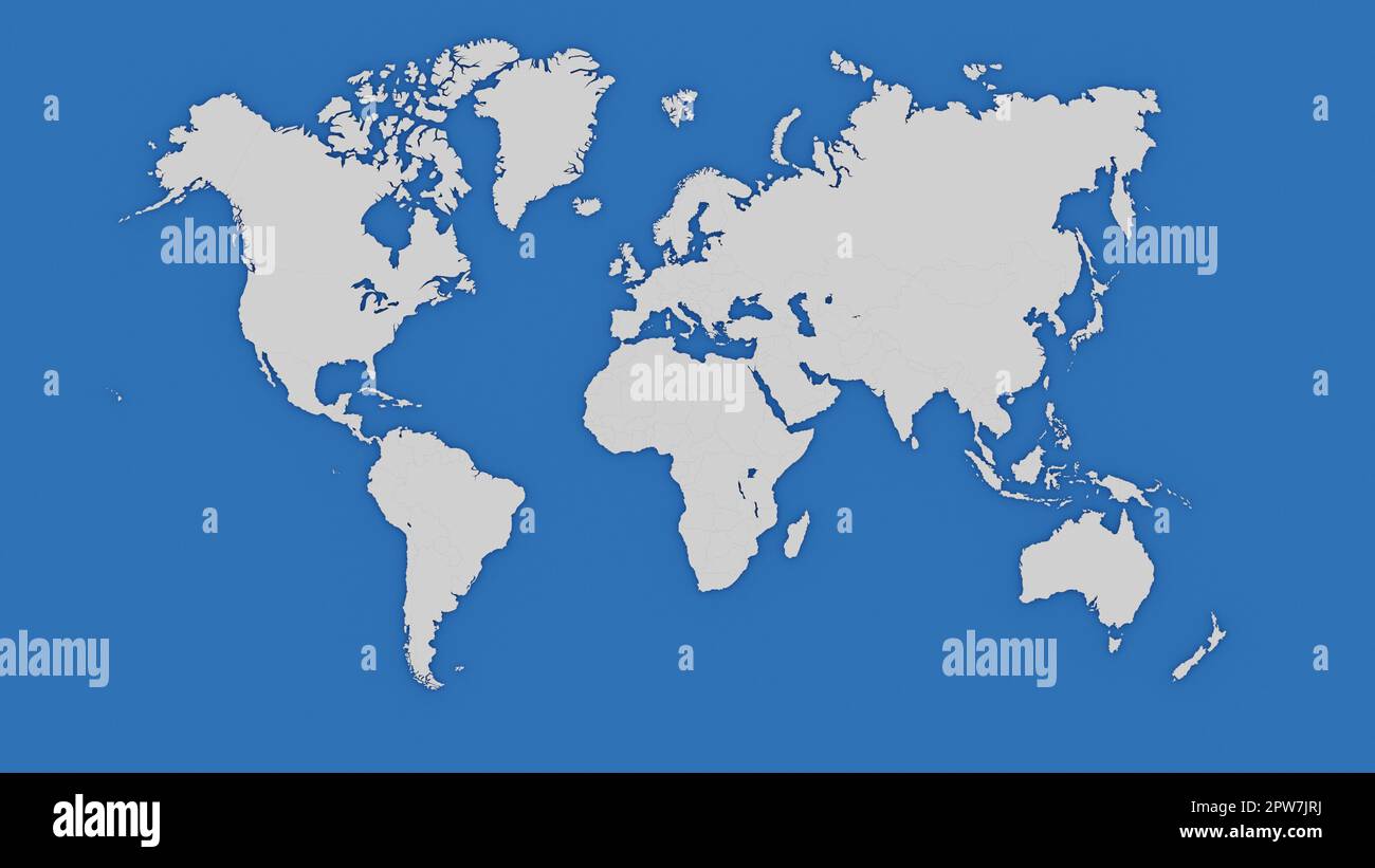 World map in white over blue with international borders. Slight volume ...