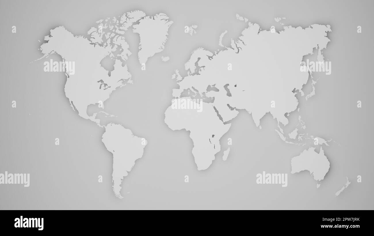 World map in white over light gray, with slight volume shadow. Digital ...