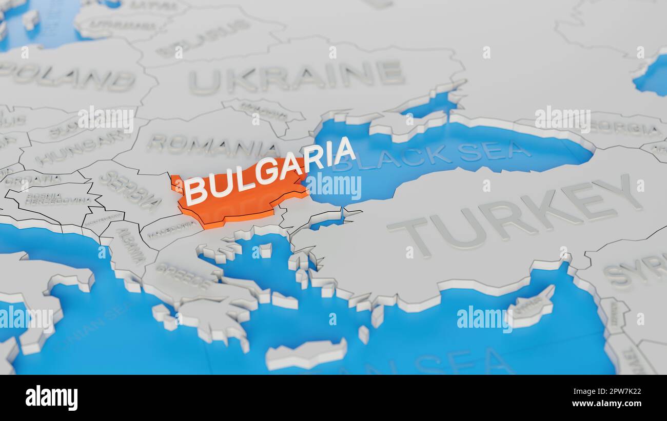 Bulgaria highlighted on a white simplified 3D world map. Digital 3D ...