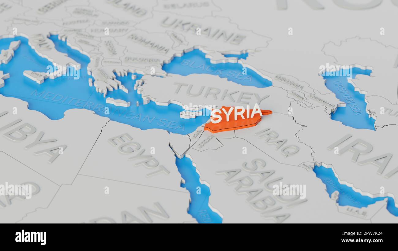 Syria highlighted on a white simplified 3D world map. Digital 3D render ...