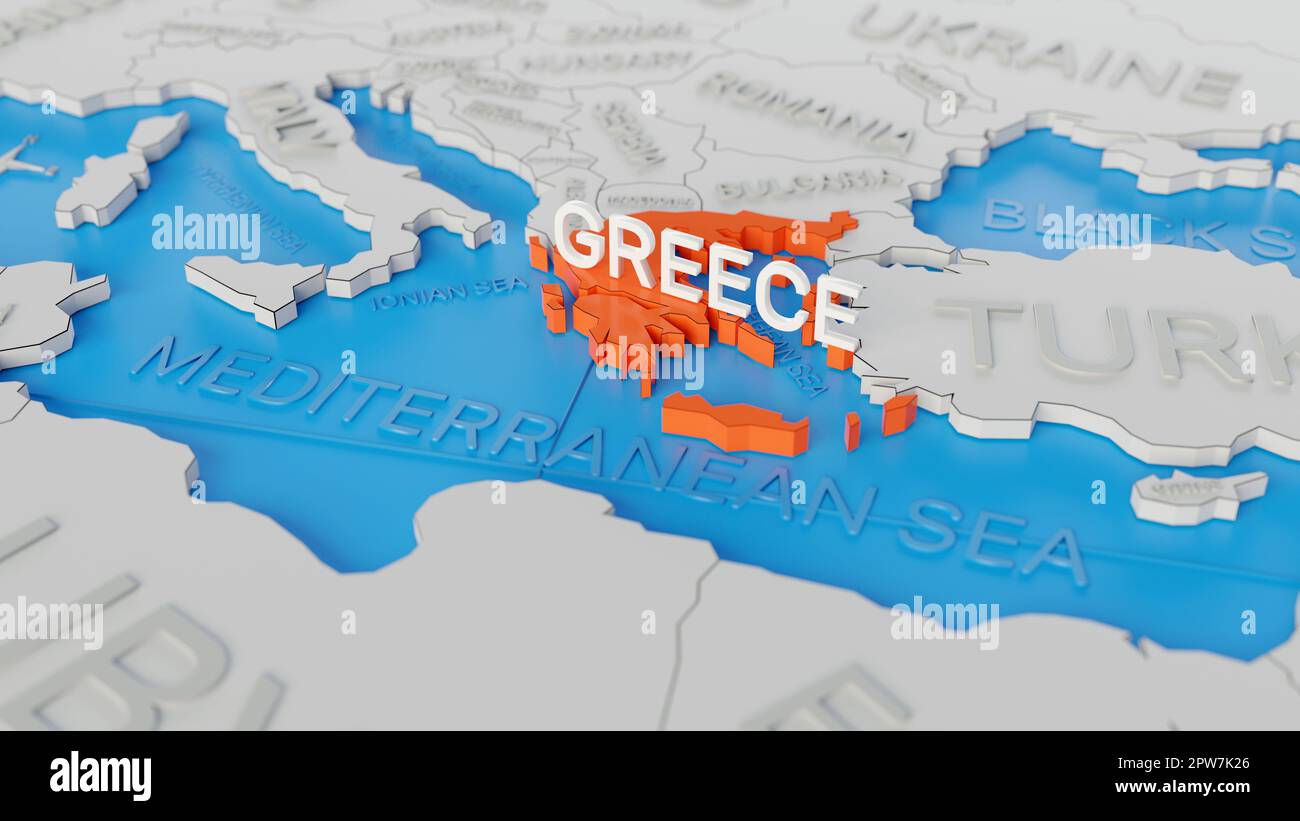 Greece highlighted on a white simplified 3D world map. Digital 3D ...