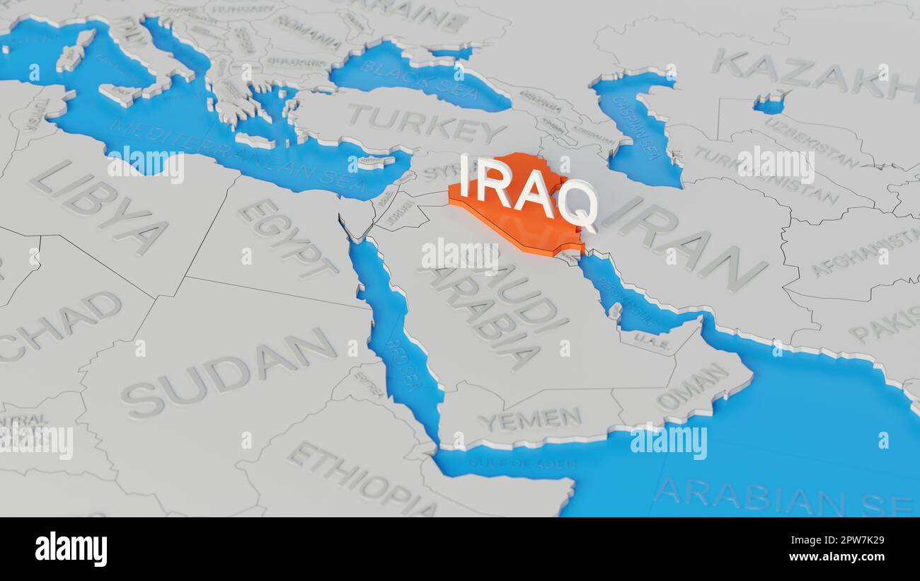 Iraq highlighted on a white simplified 3D world map. Digital 3D render ...