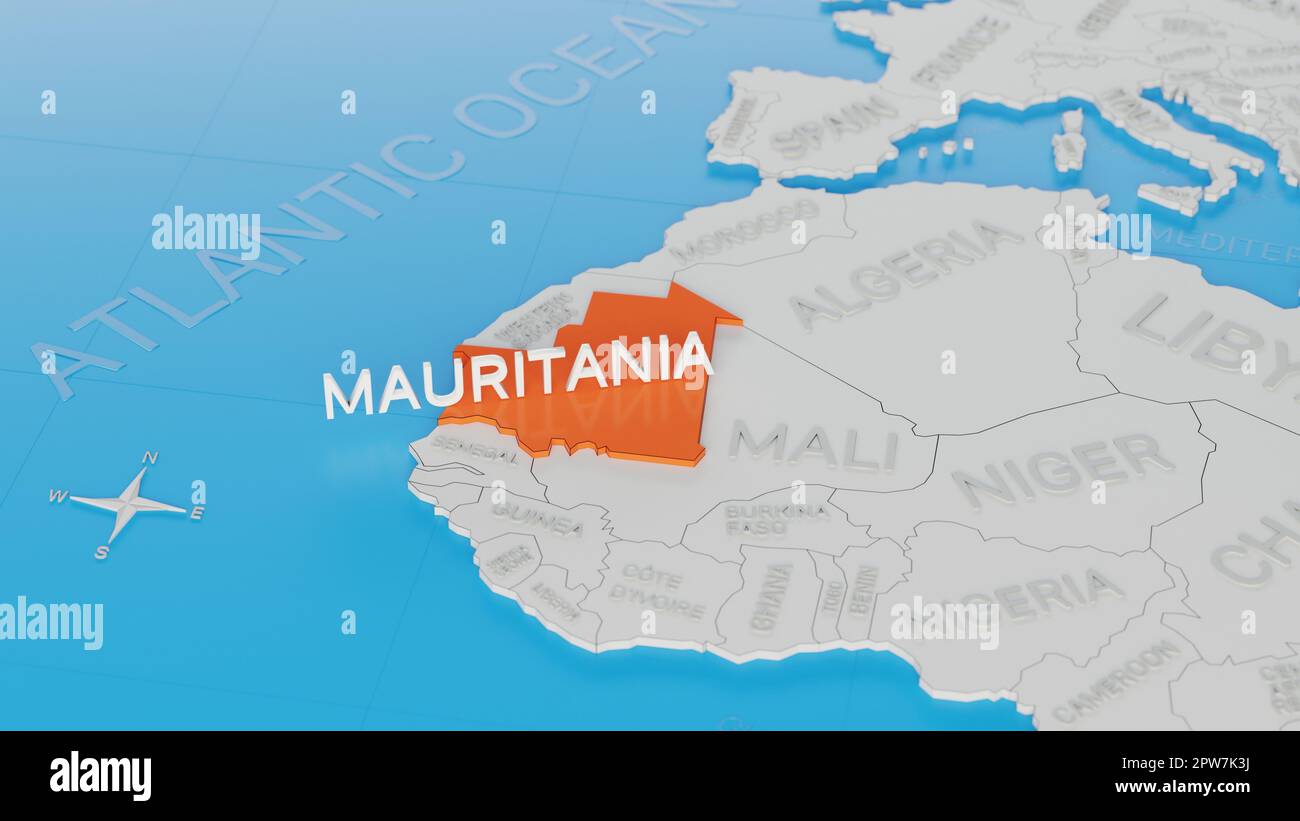 Mauritania highlighted on a white simplified 3D world map. Digital 3D ...