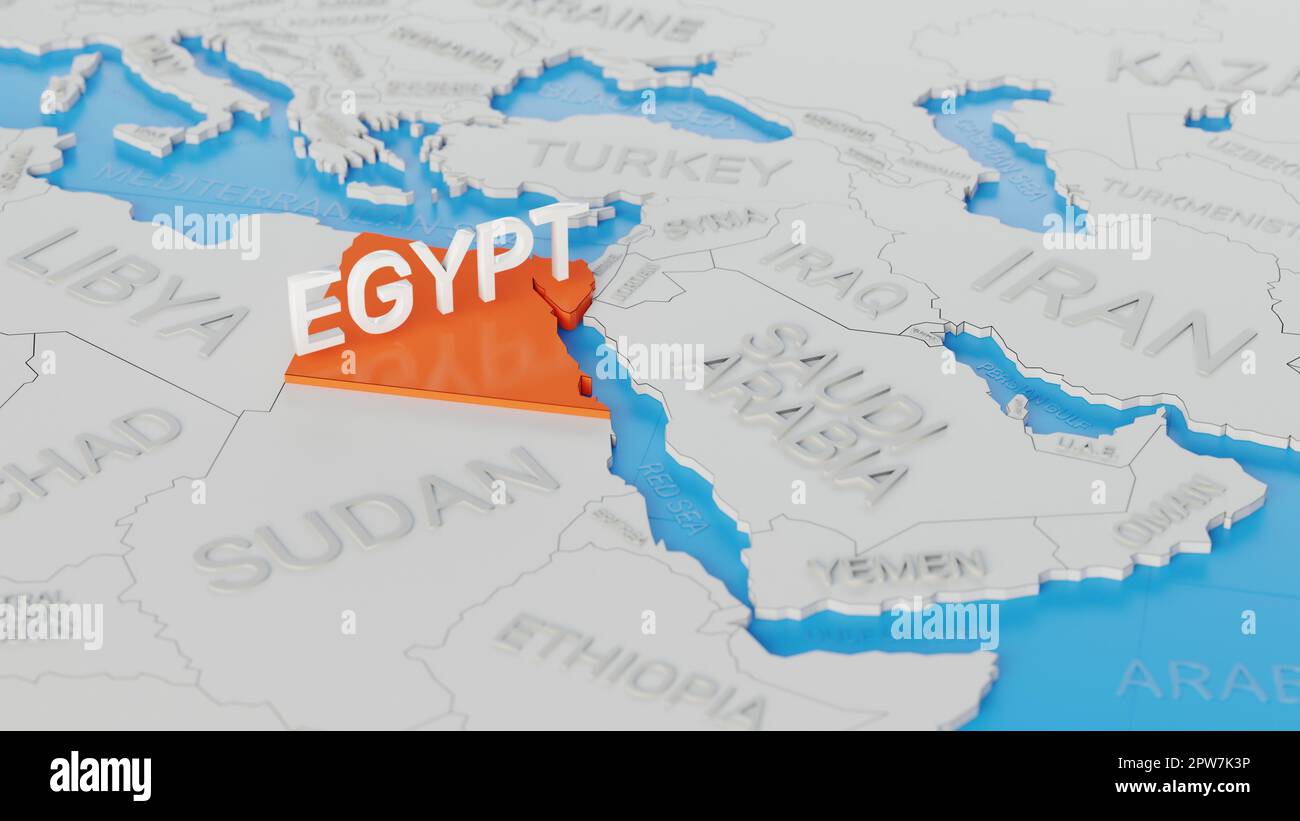 Egypt highlighted on a white simplified 3D world map. Digital 3D render ...