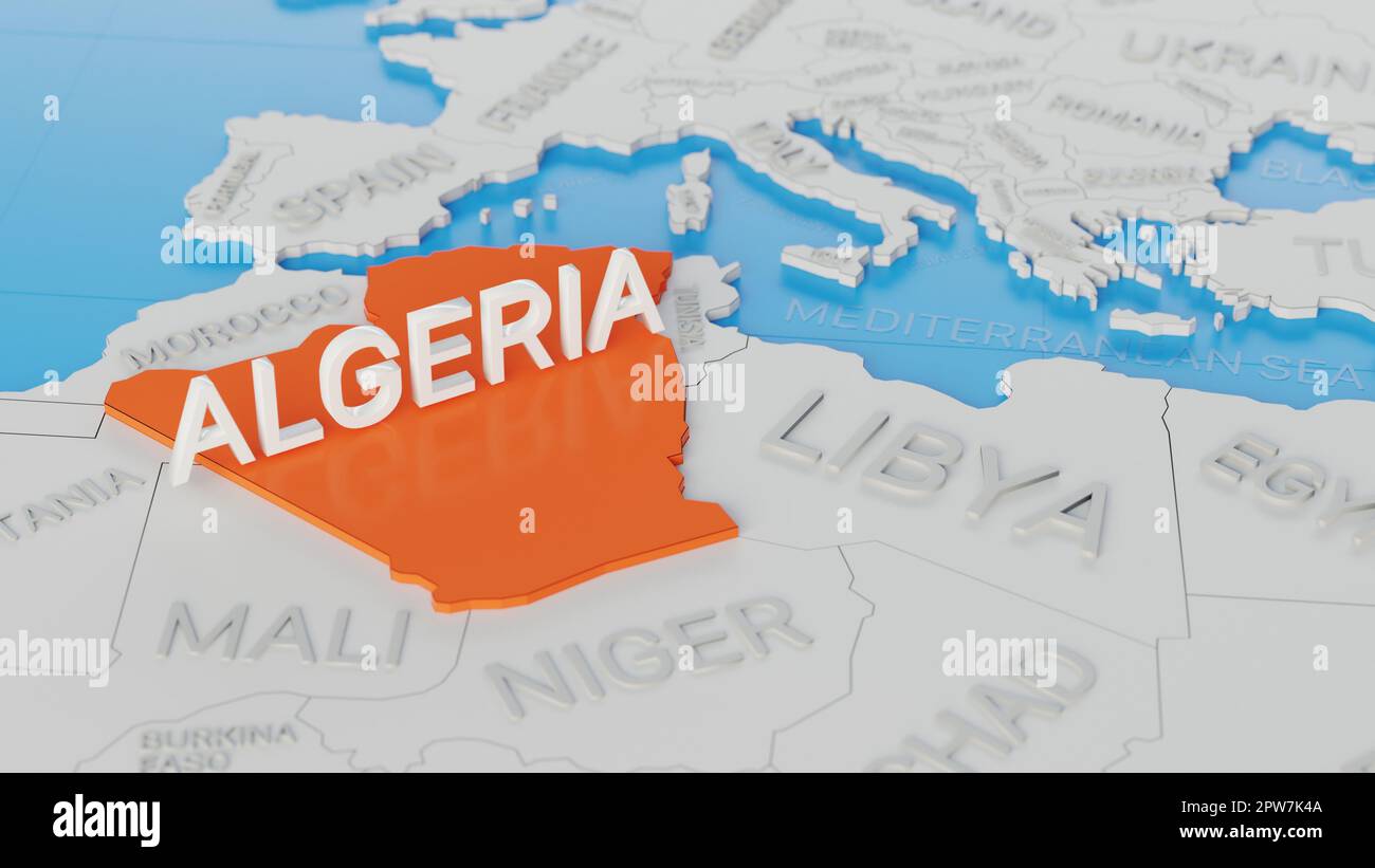 Algeria highlighted on a white simplified 3D world map. Digital 3D ...