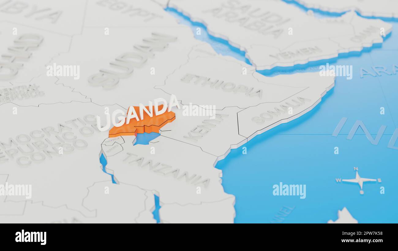 Uganda highlighted on a white simplified 3D world map. Digital 3D ...