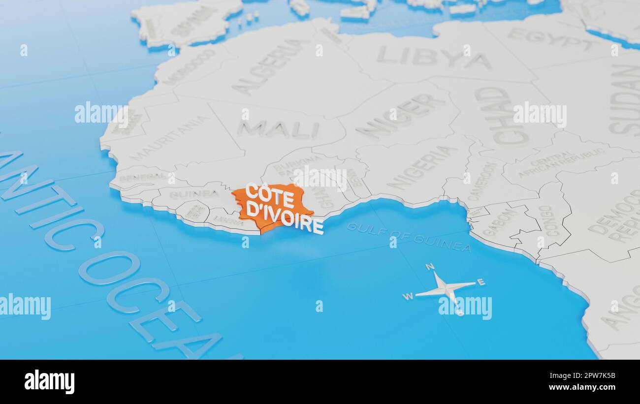 Cote d'Ivoire highlighted on a white simplified 3D world map. Digital ...