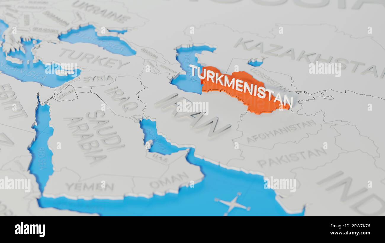 Turkmenistan highlighted on a white simplified 3D world map. Digital 3D ...