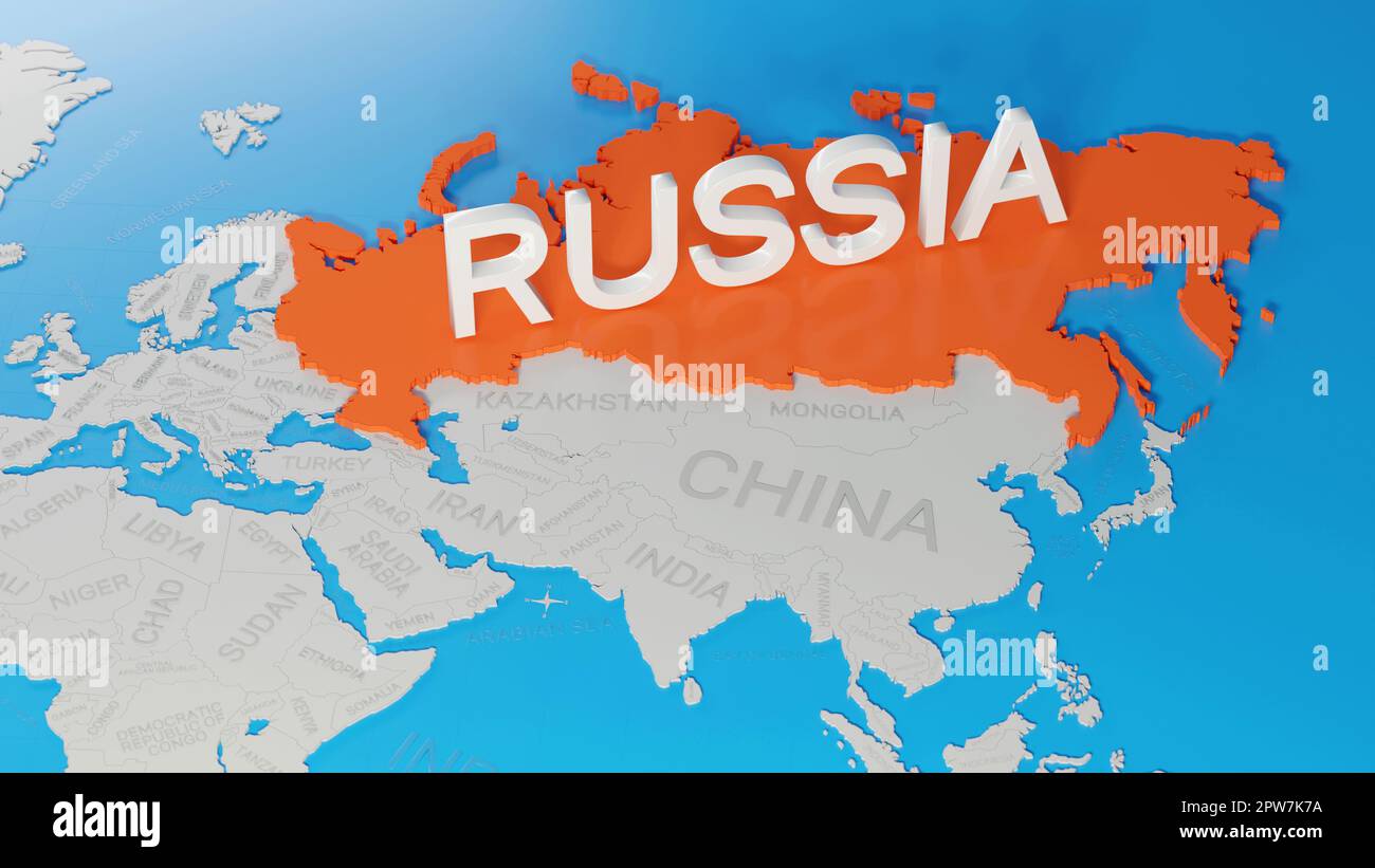 Russia highlighted on a white simplified 3D world map. Digital 3D ...