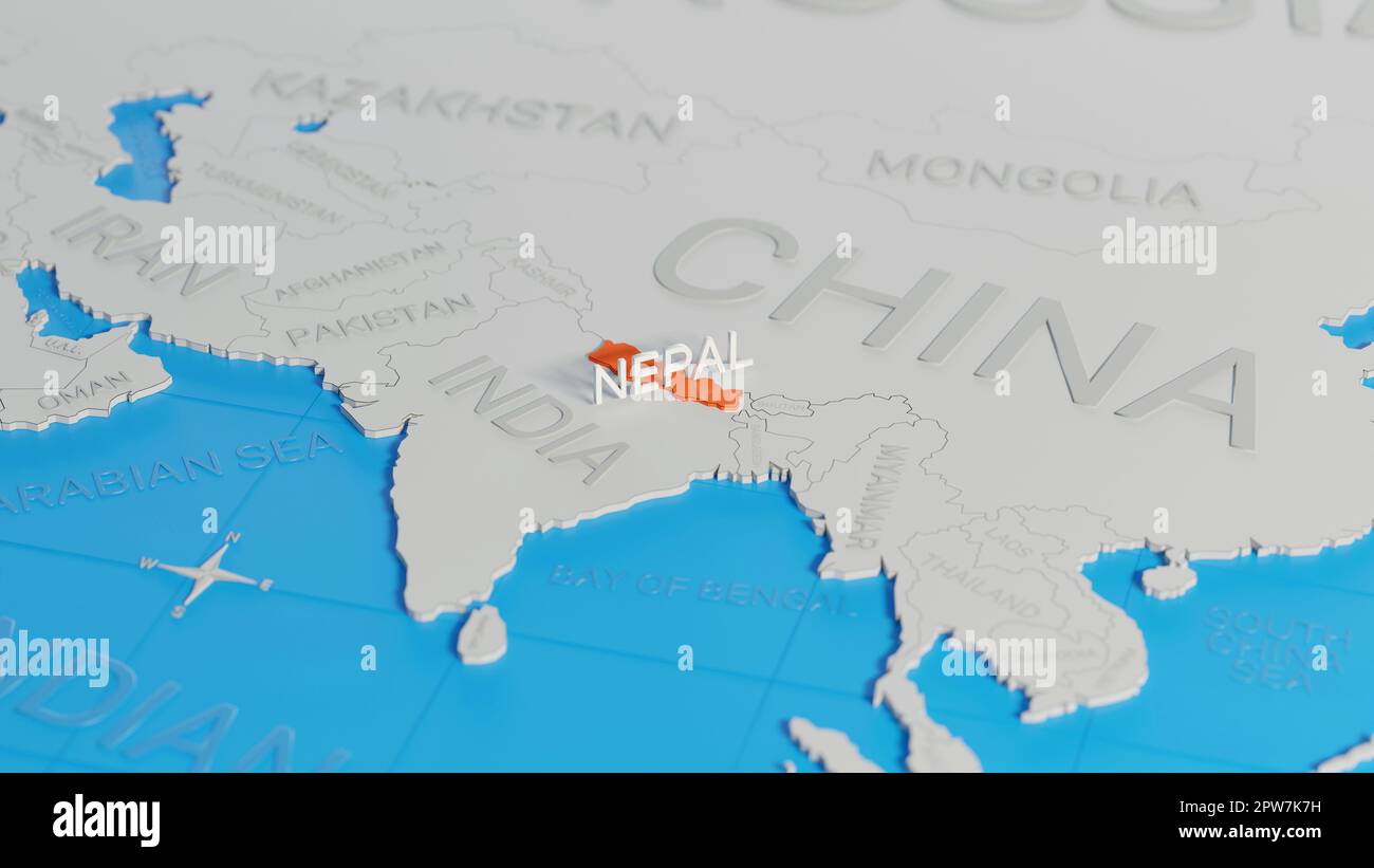 Nepal highlighted on a white simplified 3D world map. Digital 3D render ...