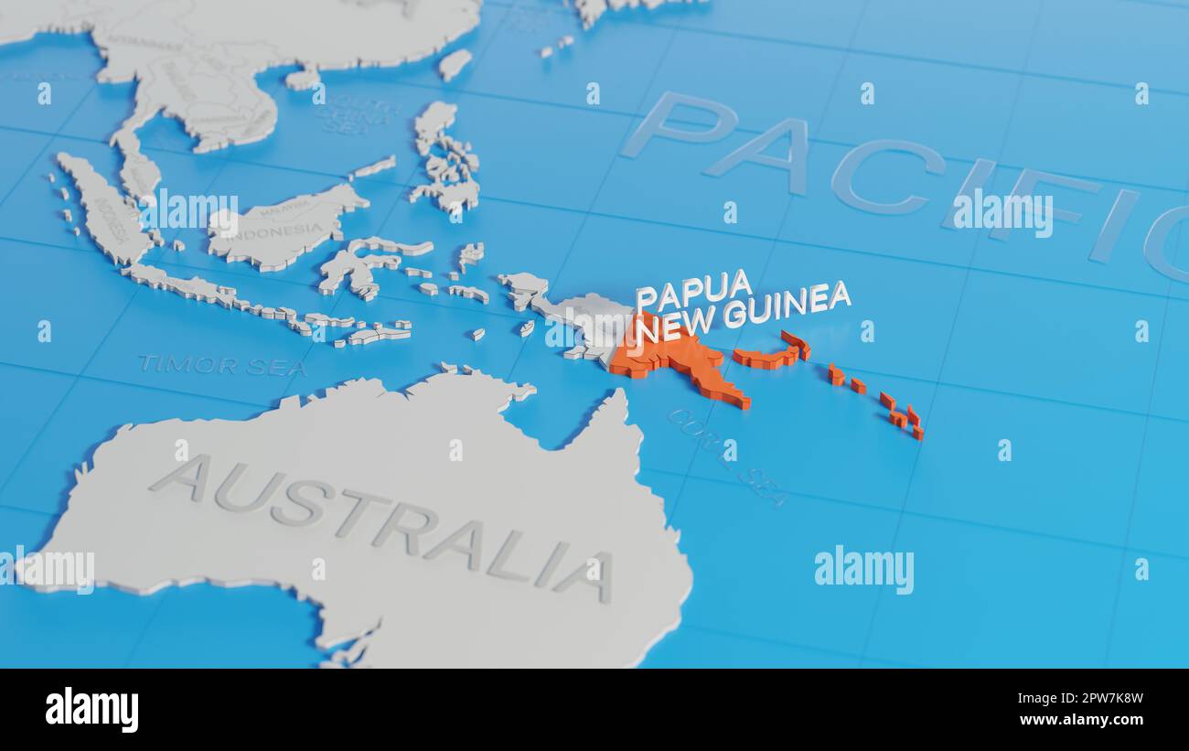 Papua New Guinea highlighted on a white simplified 3D world map ...