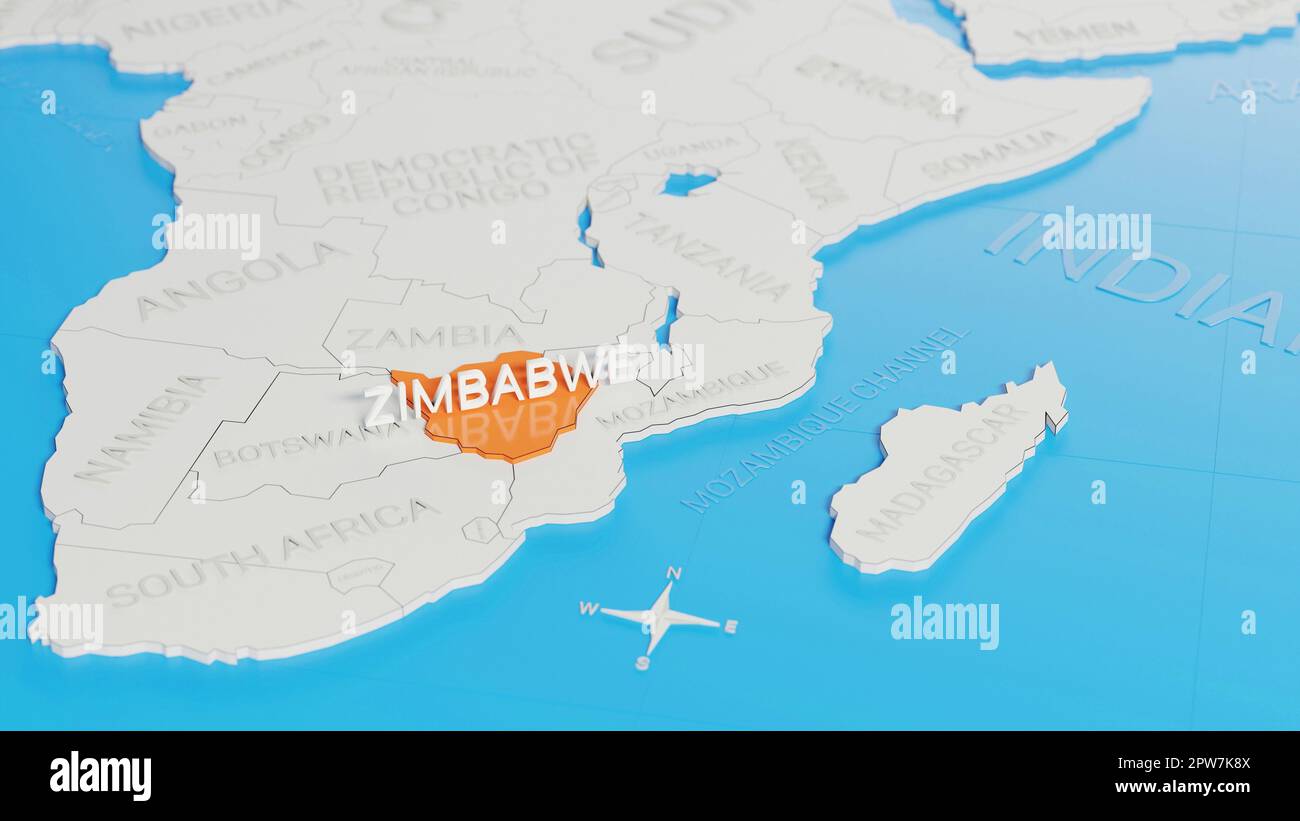 Zimbabwe highlighted on a white simplified 3D world map. Digital 3D ...