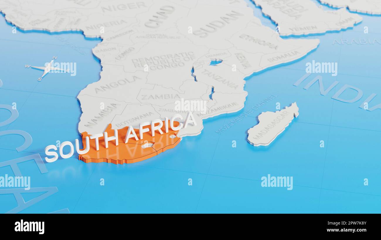 South Africa highlighted on a white simplified 3D world map. Digital 3D ...