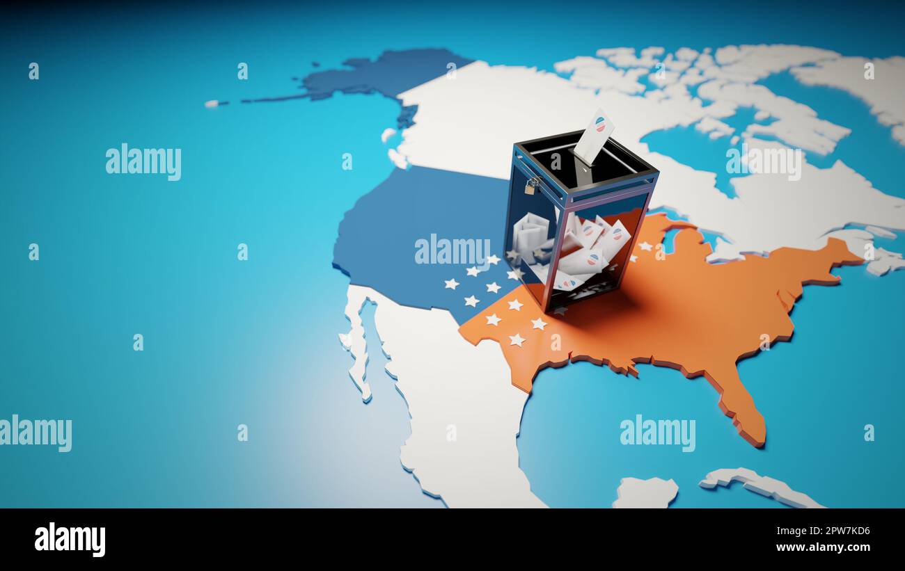 US elections, ballot box with voting envelope over a map of USA ...