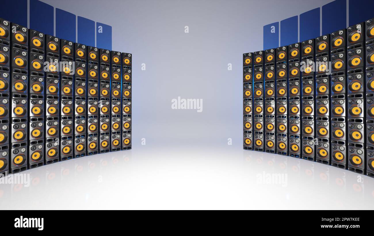 Wall of loudspeakers on stage. Live concert, music industry concept ...