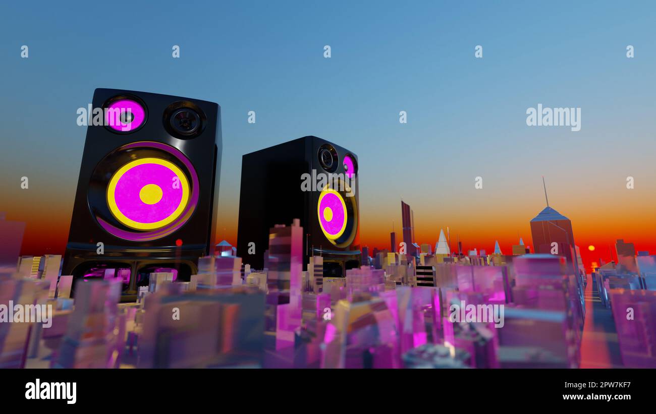 Party in the city at sunset, concept. Colossal loudspeakers over a ...
