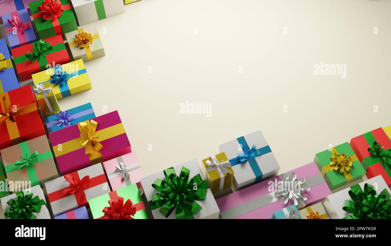 Gift boxes on white background with negative space. Flat lay, top down ...