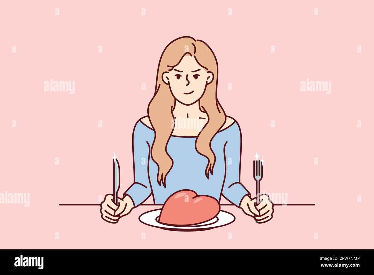 Frowning woman sits at table with giant heart in plate and holds fork ...