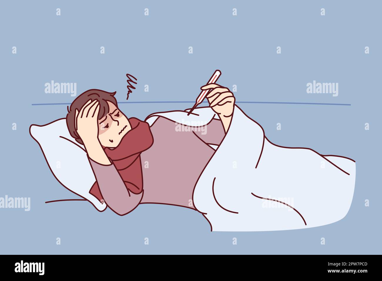 Sick guy lies on sofa or bed under blanket and looks at thermometer ...