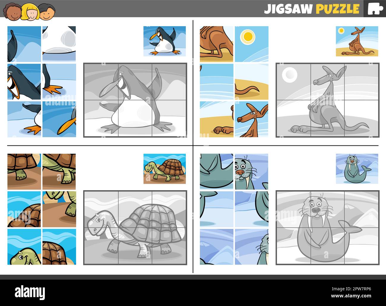 jigsaw puzzle game set with cartoon animal characters Stock Vector ...