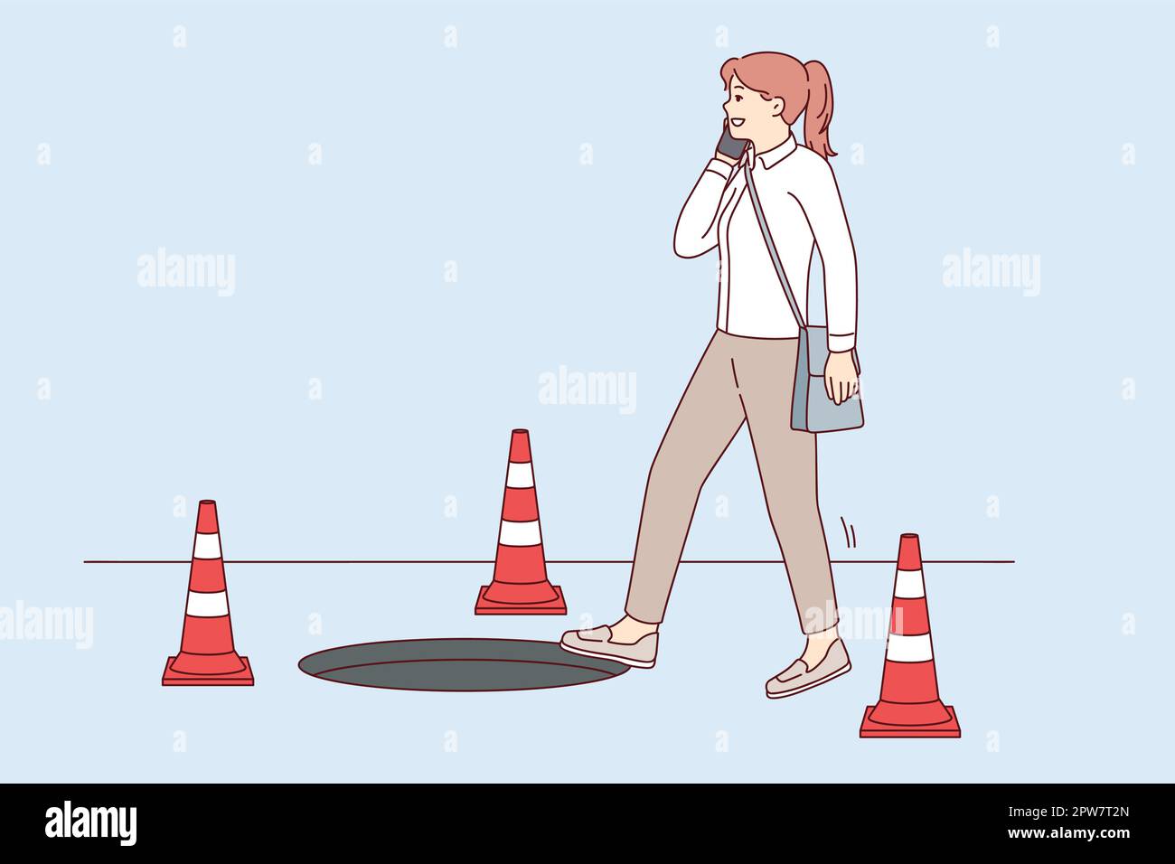 Careless woman walking talking on phone risks falling into hatch due to ...
