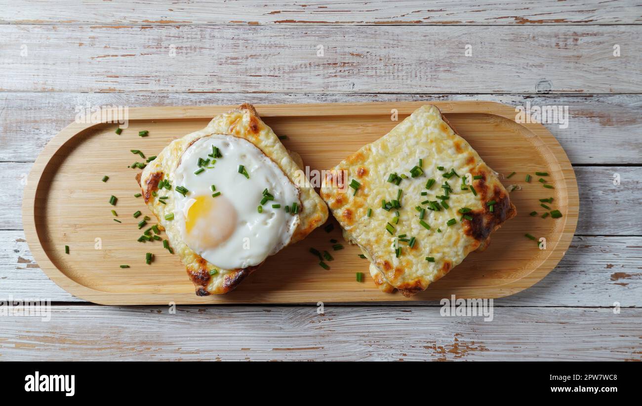 Hot French Traditional Croque madame and croque monsieur sandwiches for ...