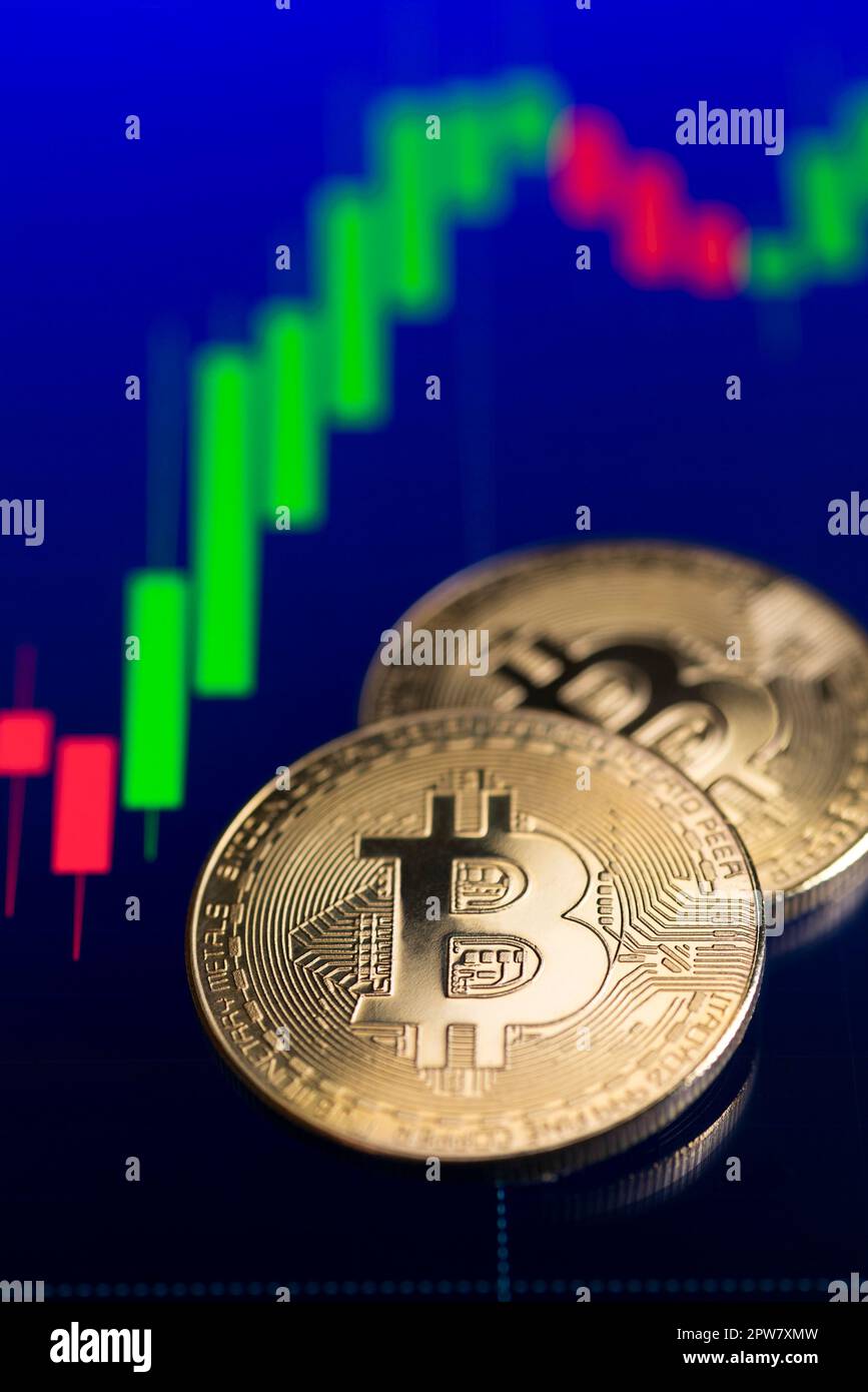 Coins with bitcoin logo drop at bear market. Trends in bitcoin exchange ...