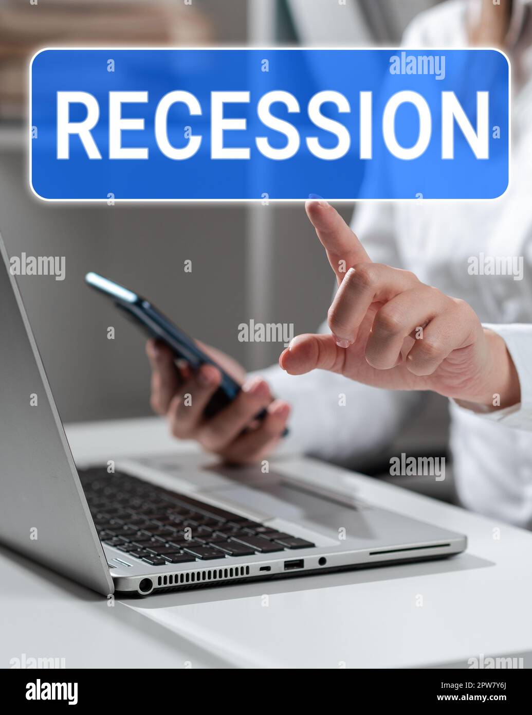 Hand writing sign Recession, Internet Concept the process of progressive decrease in growing ...
