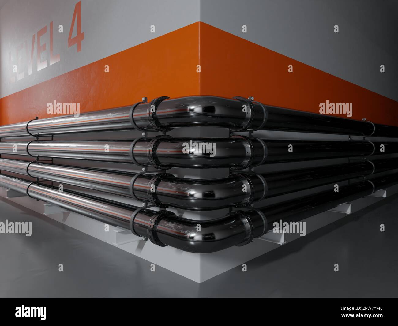 Clean, modern industrial hallway corner with stainless steel pipelines. Digital 3D rendering ...