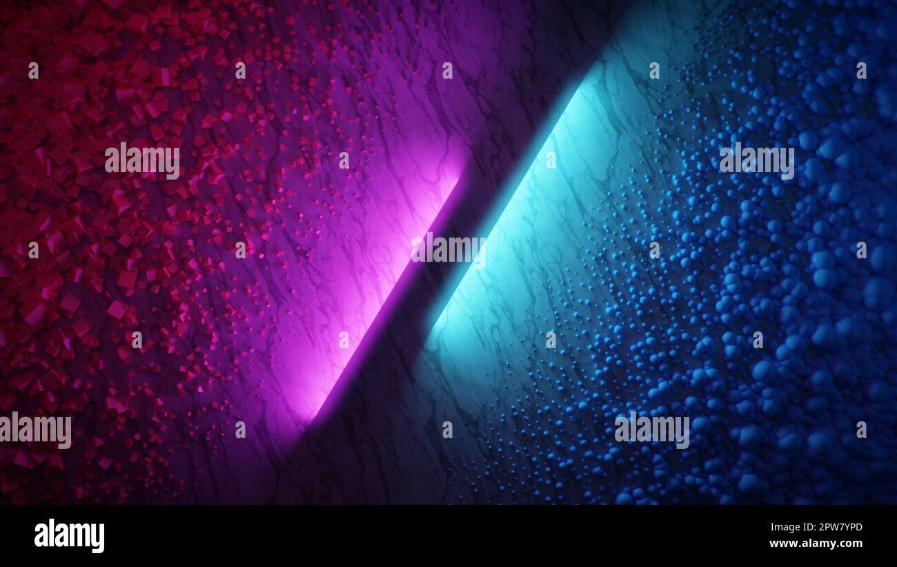 Cyan and magenta neon lights with cubes and spheres. Abstract ...