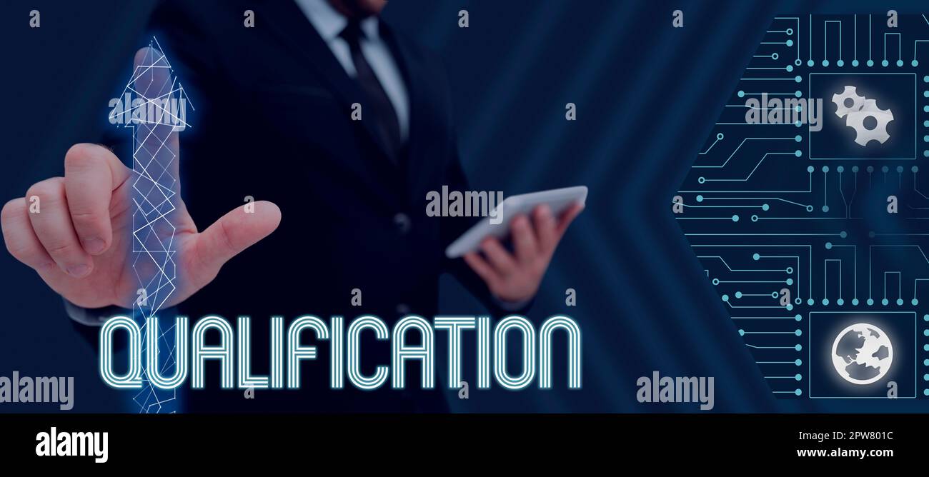 Hand writing sign Qualification, Business showcase Officially ...