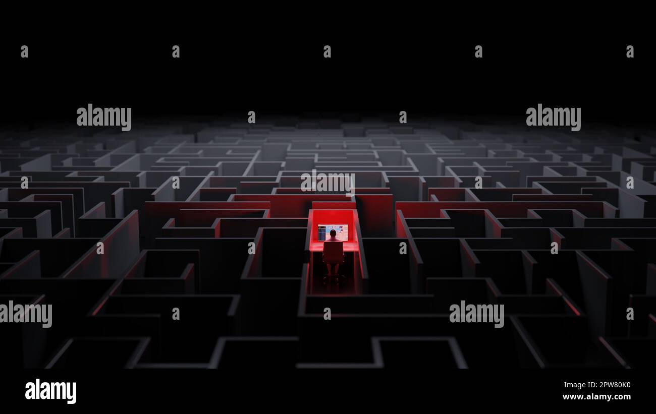 Office worker trapped in a maze. Workaholic, social isolation concept ...