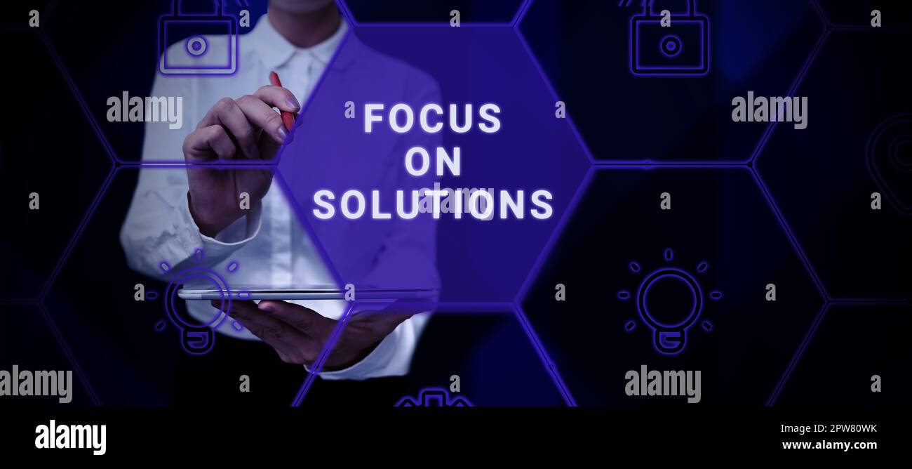 Hand writing sign Focus On Solutions, Business approach powerful practical way to achieve ...