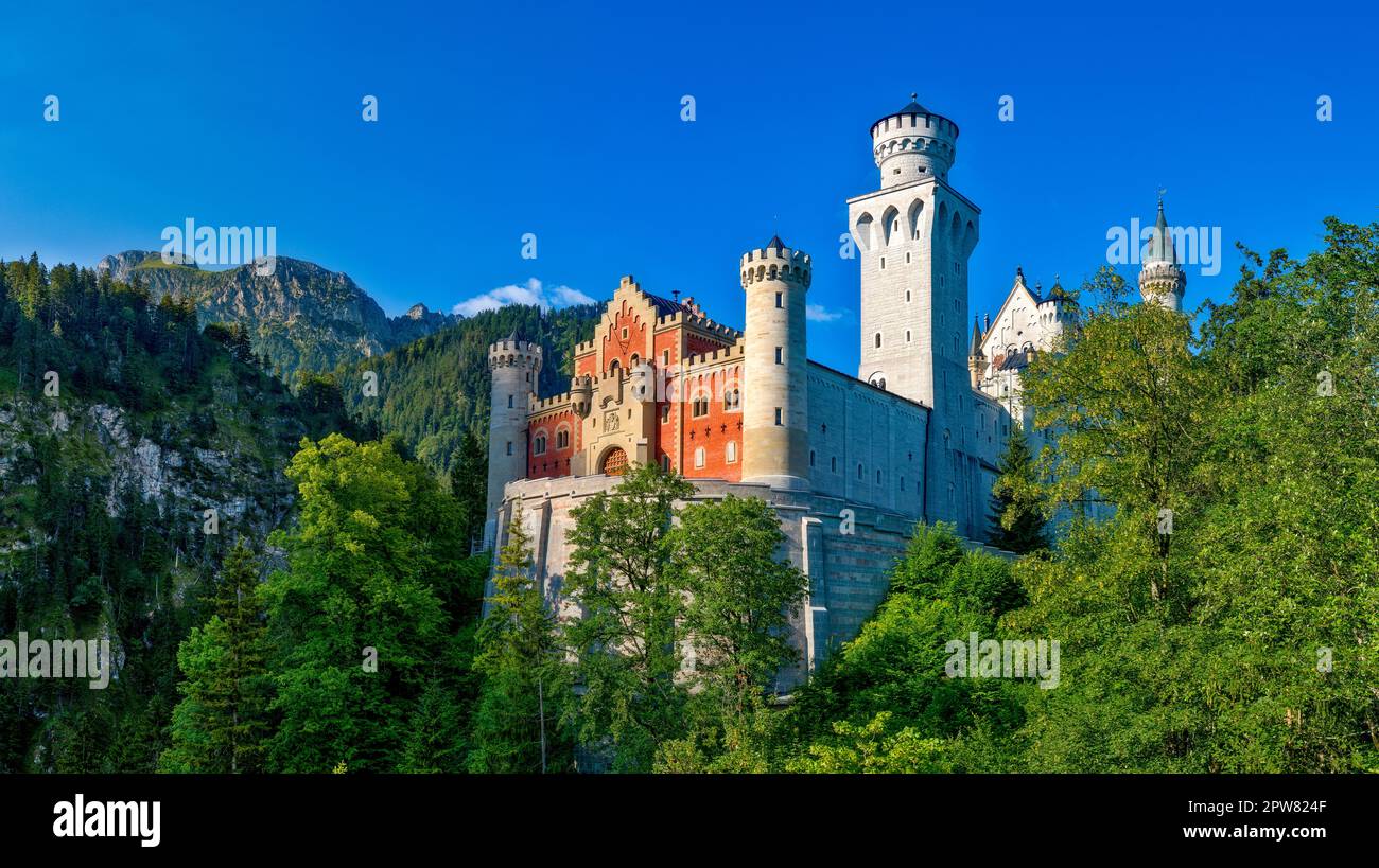 Front view of the facade of Neuschwanstein Castle with entrance area ...
