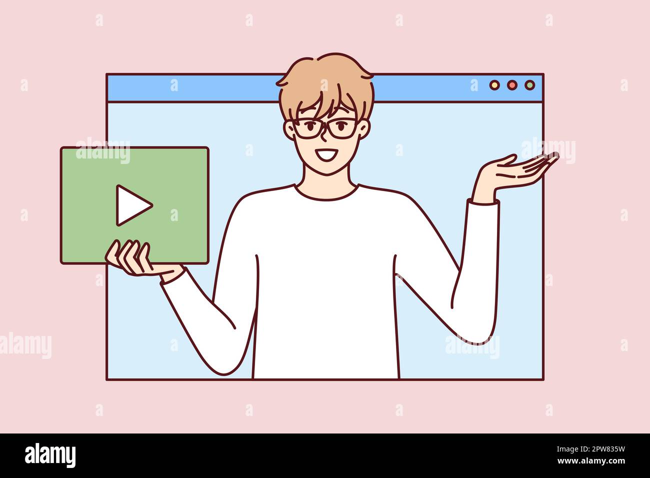 Young man in glasses with play button in hand looks out of web browser ...