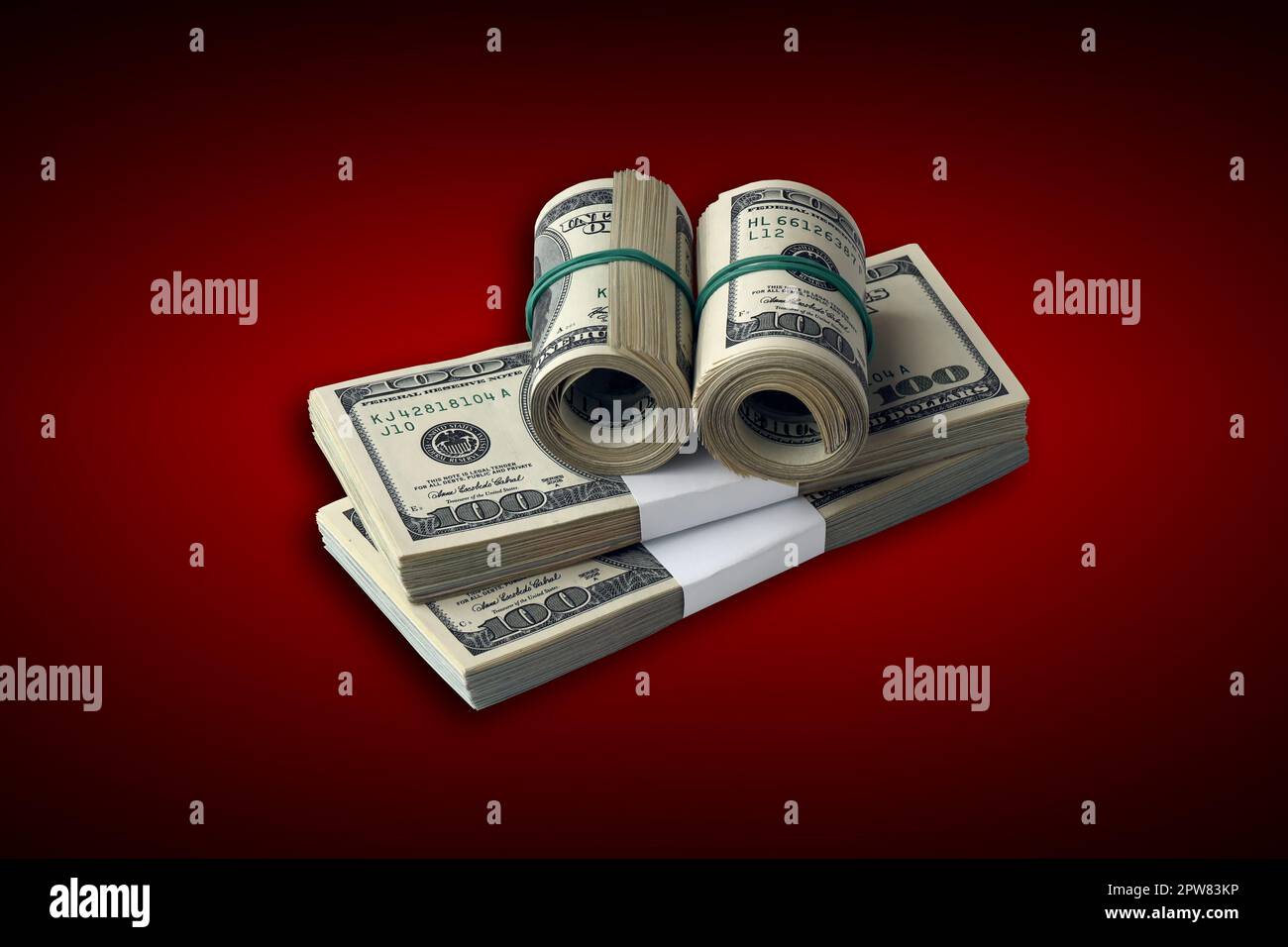 Bundle of US dollar bills on crimson red background. Pack of american ...
