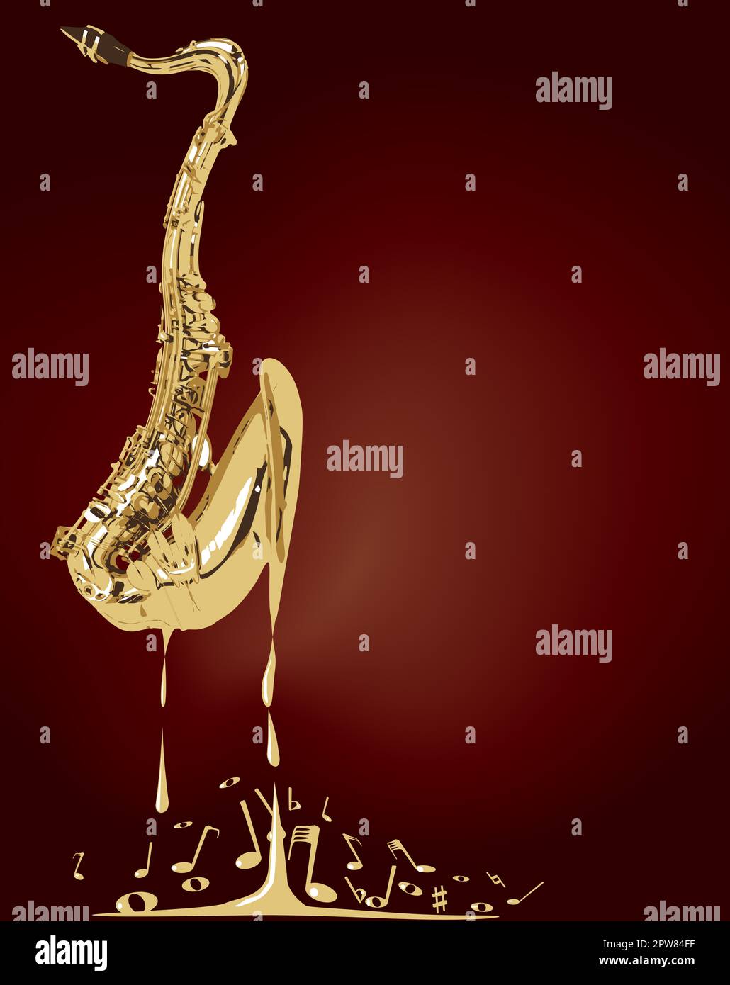 A saxophone melting into musical notes over a red background Stock ...