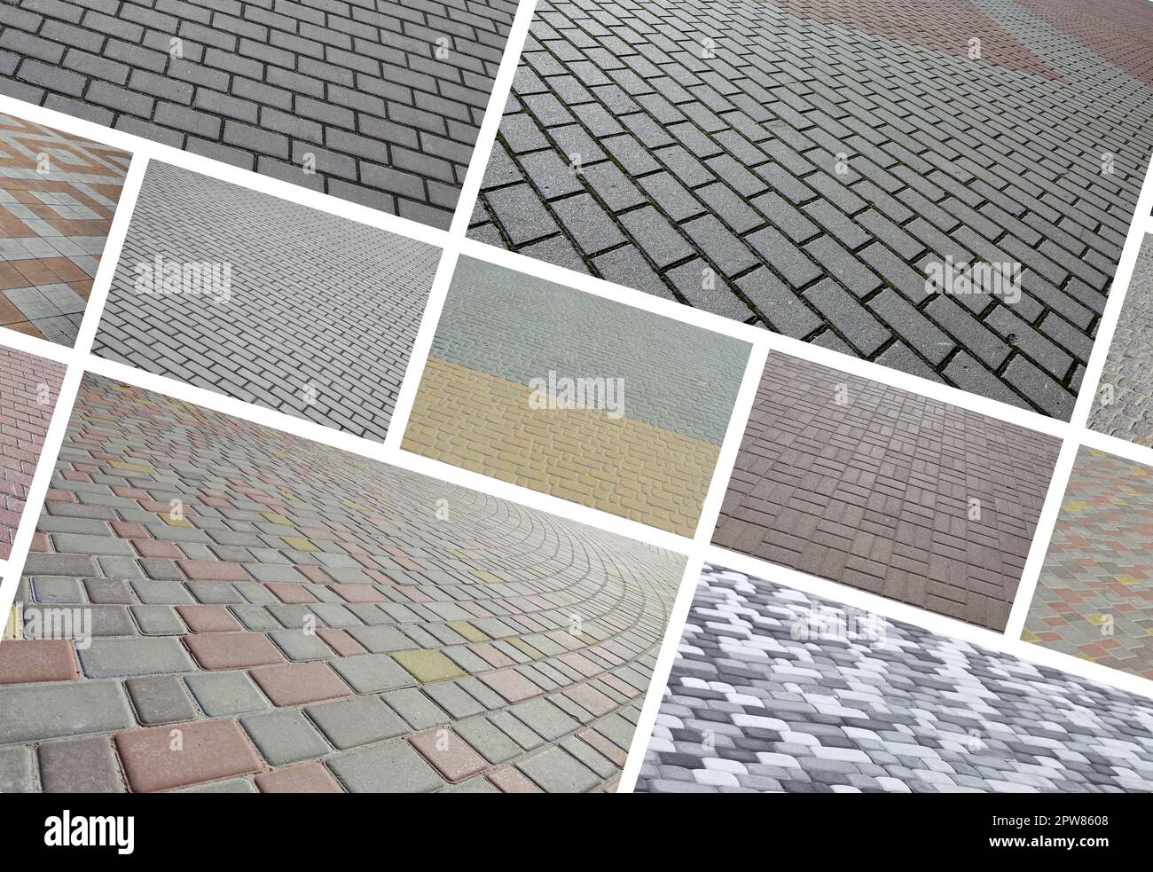 A collage of many pictures with fragments of paving tiles close-up. Set ...