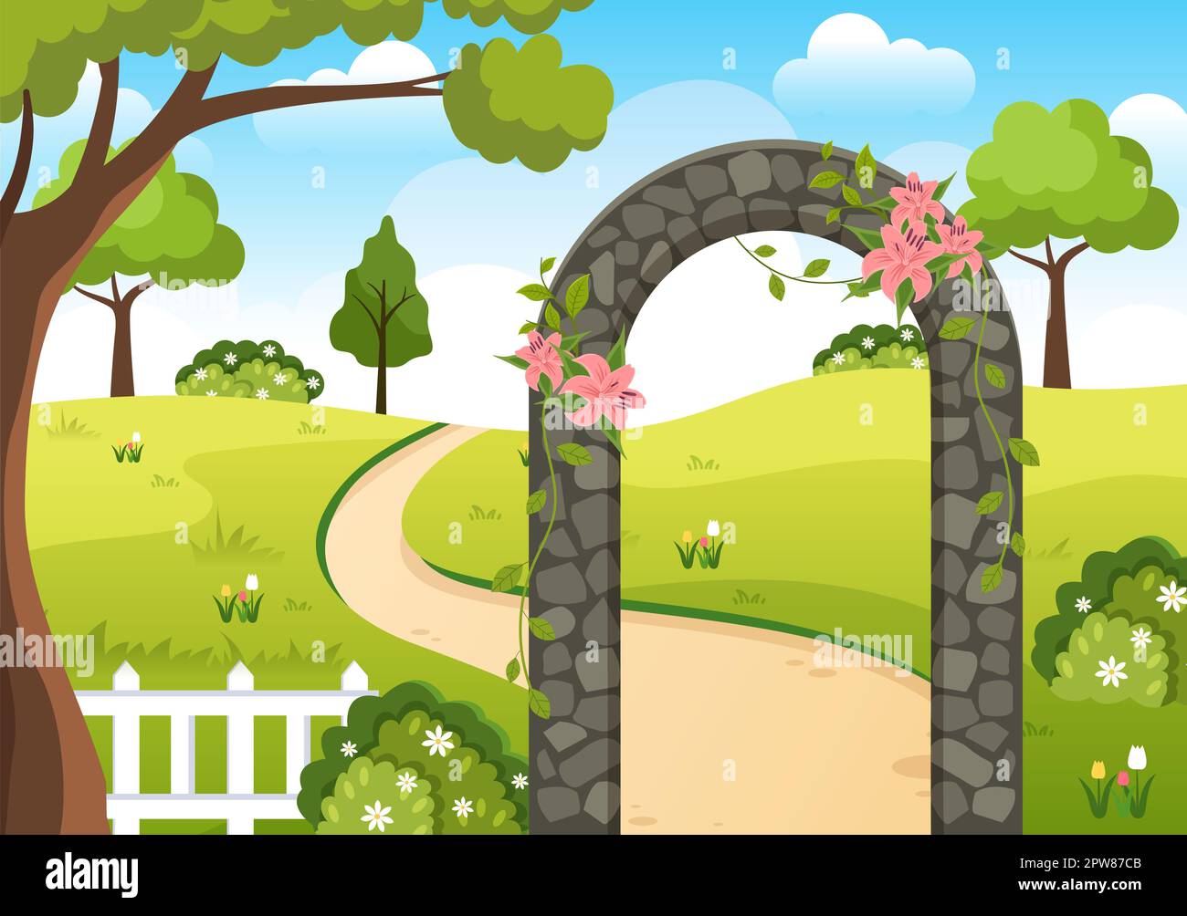 Portal with Summer Landscape Stone Arch Entrance to Public Park, Green ...